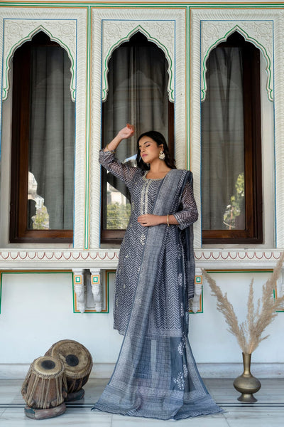 "Buy Grey Lehariya Suit Set Online- Chanderi Suit Set " – Ombray