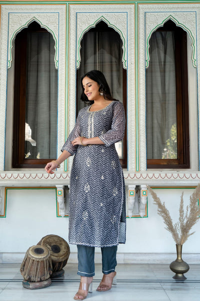 "Buy Grey Lehariya Suit Set Online- Chanderi Suit Set " – Ombray